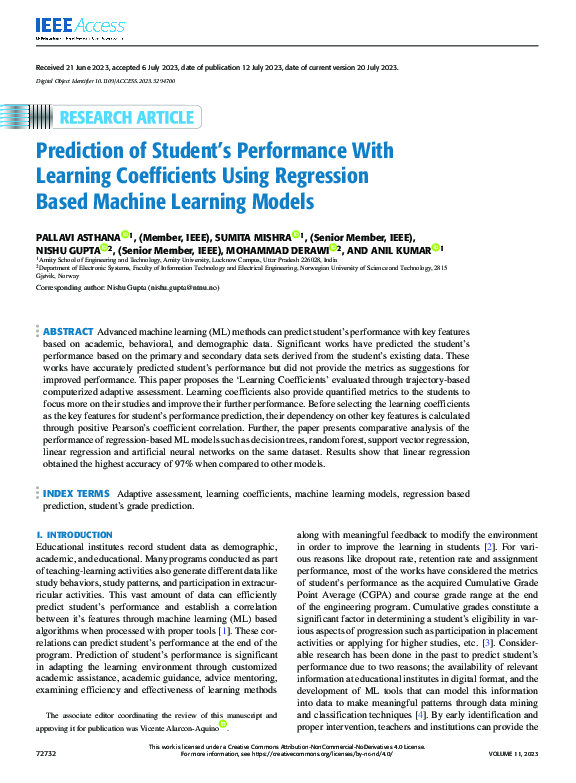 (PDF) Prediction of Student’s Performance With Learning Coefficients Using Regression Based ...