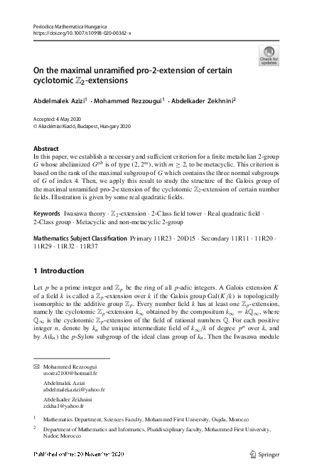 (PDF) On the maximal unramified pro-2-extension of certain cyclotomic ...