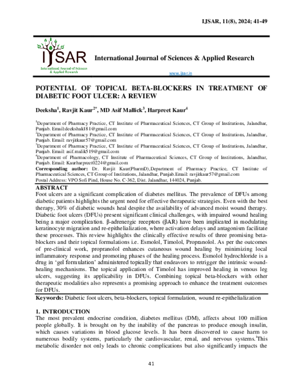 (PDF) POTENTIAL OF TOPICAL BETA-BLOCKERS IN TREATMENT OF DIABETIC FOOT ...