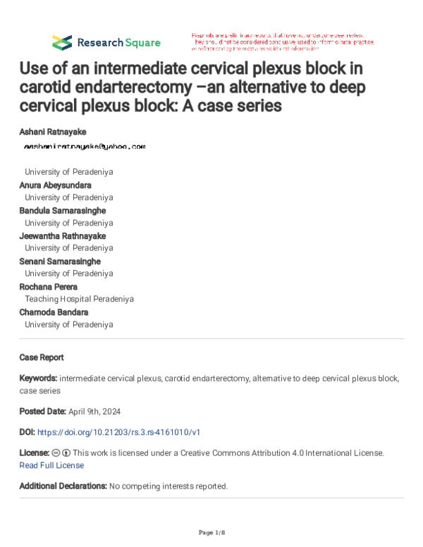 (PDF) Use of an intermediate cervical plexus block in carotid endarterectomy –an alternative to ...