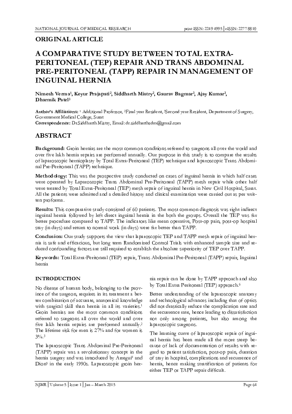 (PDF) A COMPARATIVE STUDY BETWEEN TOTAL EXTRA-PERITONEAL (TEP) REPAIR AND TRANS ABDOMINAL PRE ...