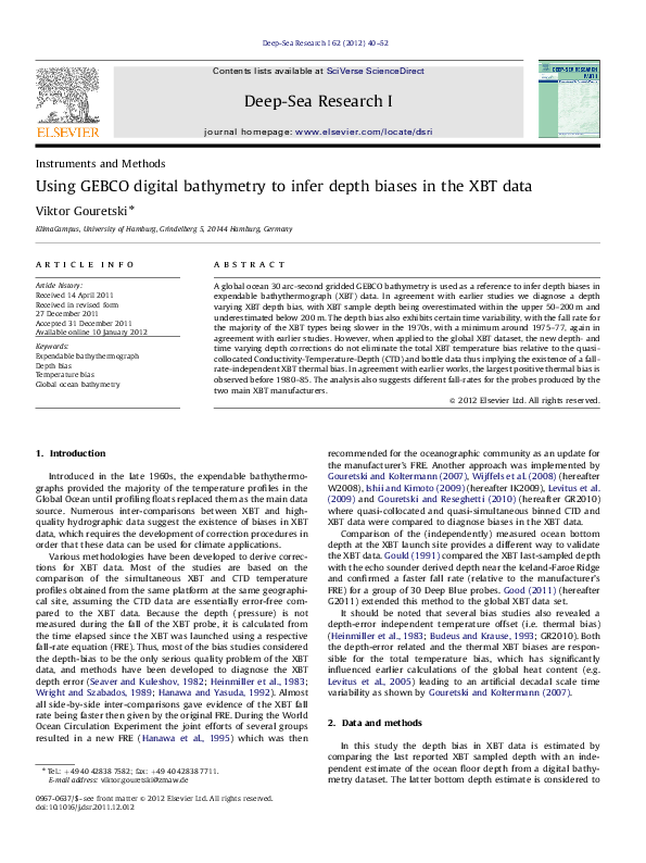 (PDF) Using GEBCO digital bathymetry to infer depth biases in the XBT data | viktor gouretski ...