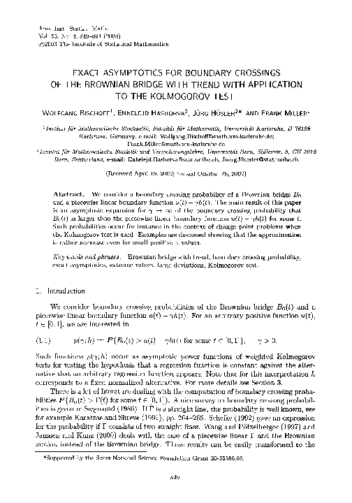 (PDF) Exact asymptotics for Boundary crossings of the brownian bridge with trend with ...