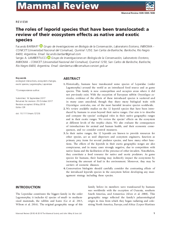 (PDF) The roles of leporid species that have been translocated: a ...