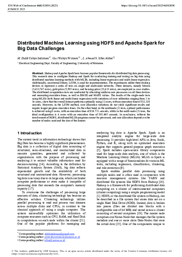 (PDF) Distributed Machine Learning using HDFS and Apache Spark for Big Data Challenges