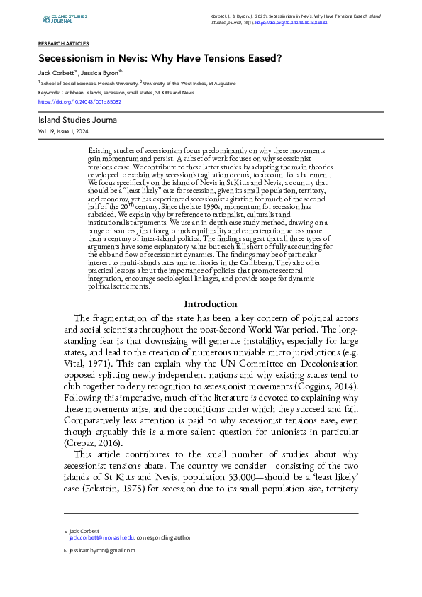 (PDF) Secessionism in Nevis: Why Have Tensions Eased? | jessica byron ...