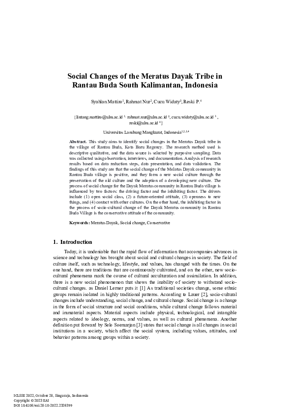 (PDF) Social Changes of the Meratus Dayak Tribe in Rantau Buda South ...