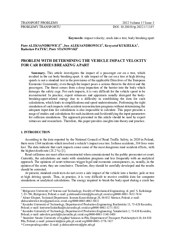 (PDF) Problem with Determining the Vehicle Impact Velocity for Car ...