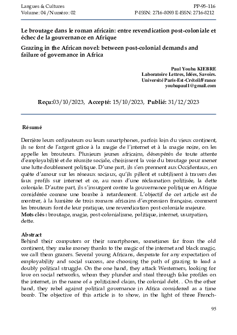 (PDF) Le broutage dans le roman africain: entre revendication post ...