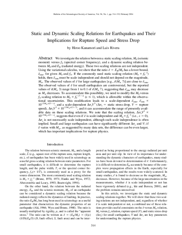 (PDF) Static and Dynamic Scaling Relations for Earthquakes and Their ...