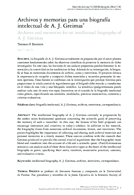 (PDF) Archivos y memorias para una biografía intelectual de A. J. Greimas