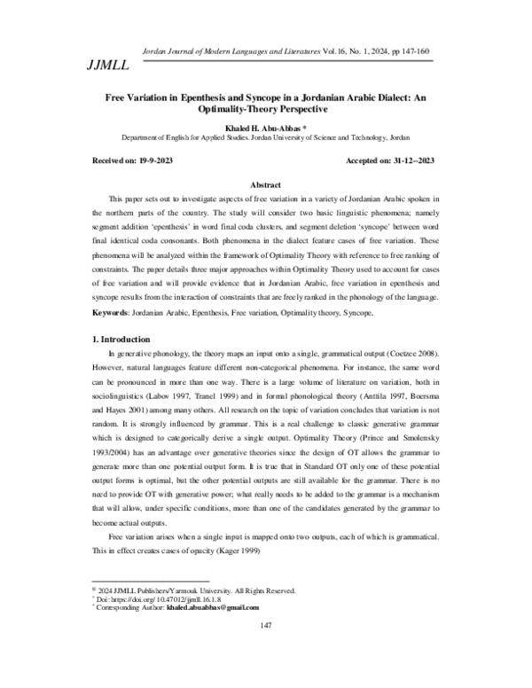 (PDF) Free Variation in Epenthesis and Syncope in a Jordanian Arabic ...
