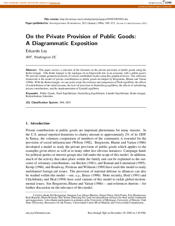 (PDF) On the Private Provision of Public Goods: A Diagrammatic Exposition
