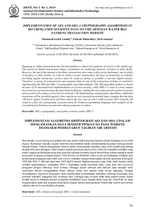 Pdf Implementation Of Aes And Sha 3 Cryptography Algorithms In Securing User Sensitive Data On 7756