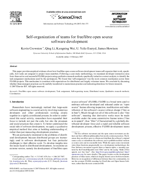 (PDF) Self-organization of teams for free/libre open source software ...