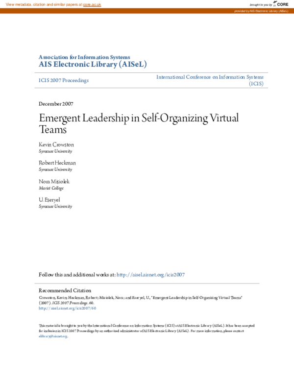 (PDF) Emergent leadership in self-organizing virtual teams