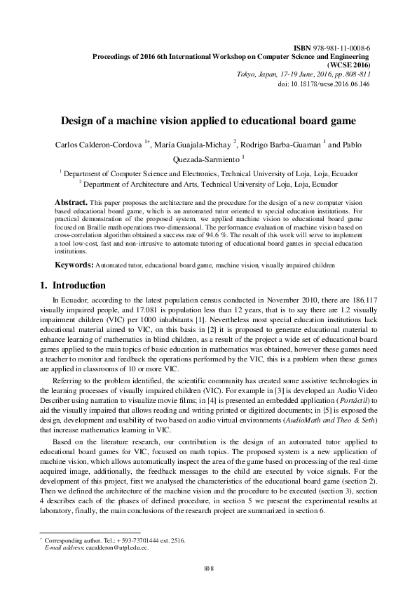 (PDF) Design of a machine vision applied to educational board game