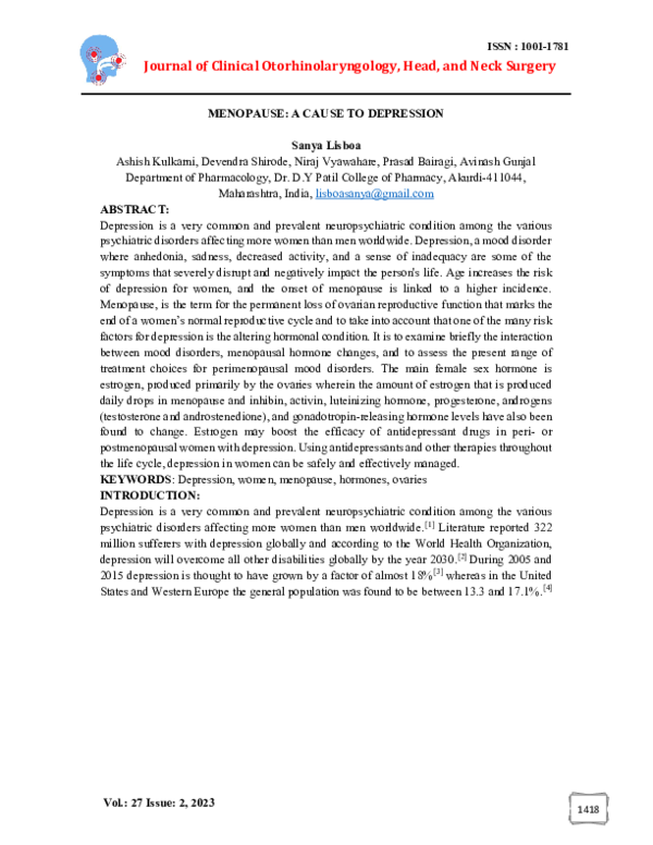 (PDF) MENOPAUSE: A CAUSE TO DEPRESSION