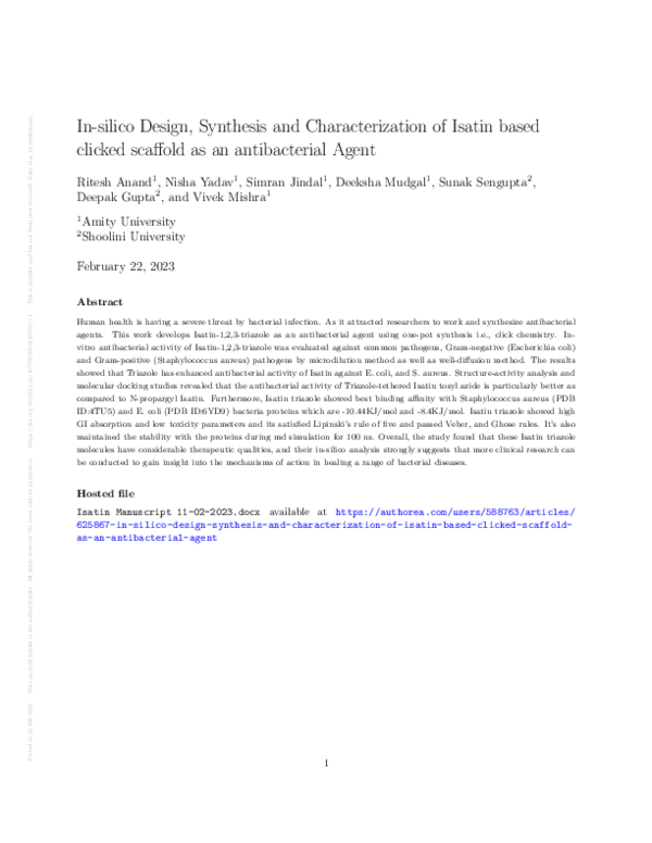 (PDF) In-silico Design, Synthesis and Characterization of Isatin based clicked scaffold as an ...