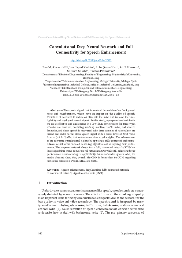 (PDF) Convolutional Deep Neural Network and Full Connectivity for Speech Enhancement