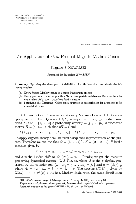 (PDF) An Application of Skew Product Maps to Markov Chains