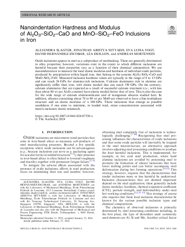 Pdf Nanoindentation Hardness And Modulus Of Al2o3sio2cao And Mnosio2feo Inclusions In Iron