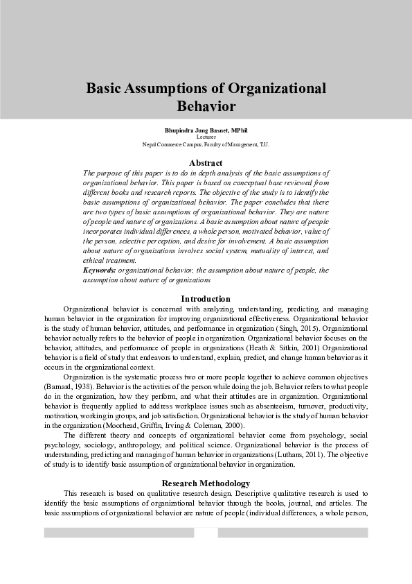 (PDF) Basic Assumptions of Organizational Behavior