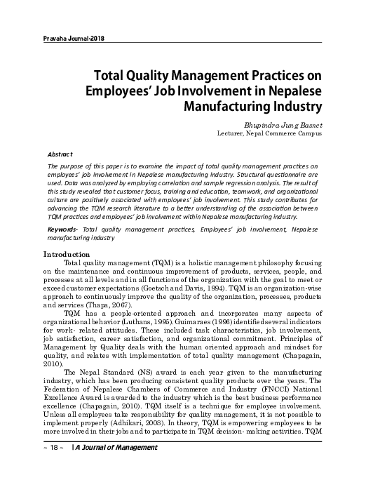 (PDF) Total Quality Management Practices on Employees’ Job Involvement in Nepalese Manufacturing ...