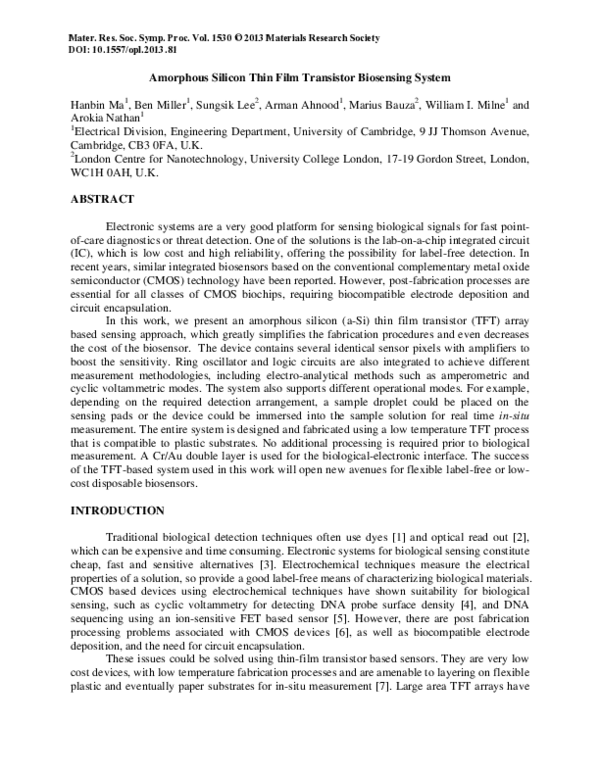 (PDF) Amorphous Silicon Thin Film Transistor Biosensing System | Arman ...