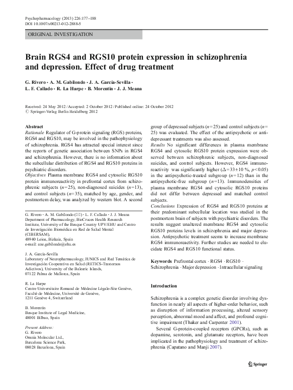 (PDF) Brain RGS4 and RGS10 protein expression in schizophrenia and ...