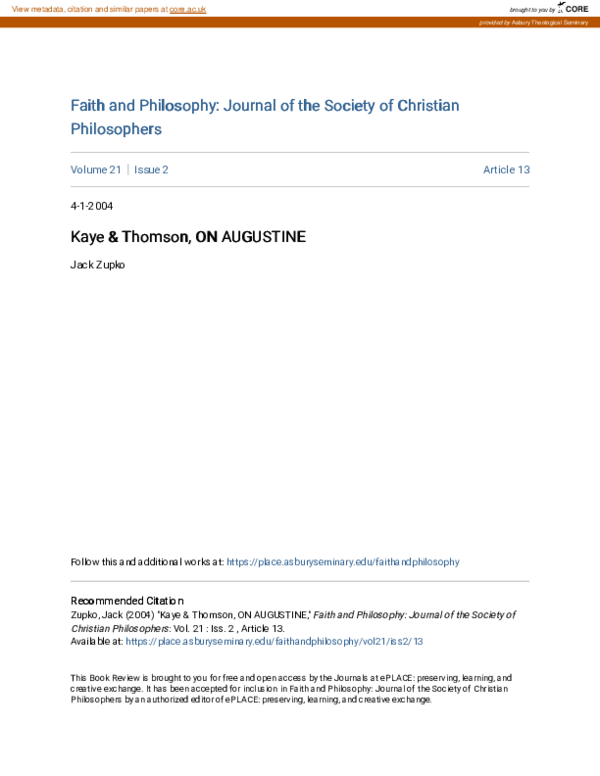 (PDF) SHARON M. KAYE AND PAUL THOMSON: On Augustine