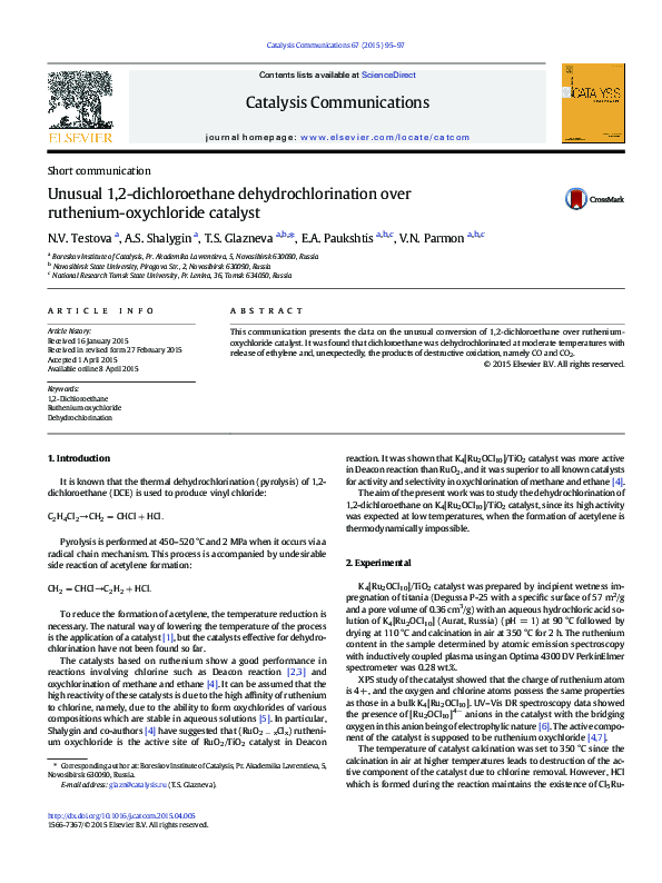 (PDF) Unusual 1,2-dichloroethane dehydrochlorination over ruthenium-oxychloride catalyst