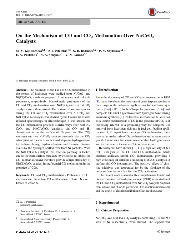 (PDF) On the Mechanism of CO and CO2 Methanation Over Ni/CeO2 Catalysts
