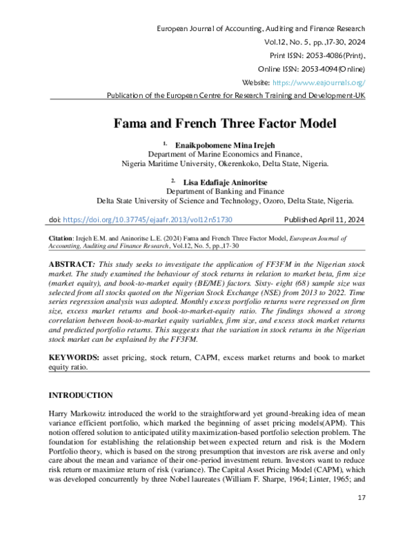 (PDF) Fama and French Three Factor Model