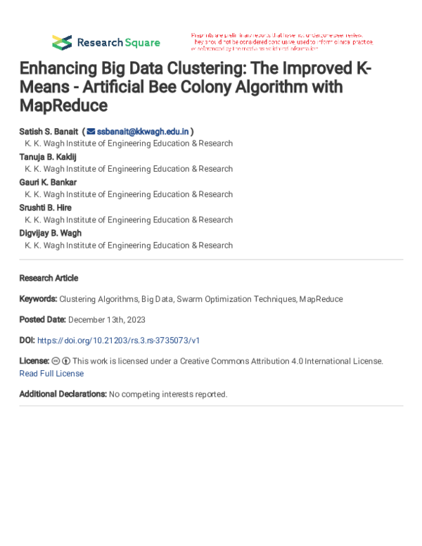 (PDF) Enhancing Big Data Clustering: The Improved K-Means - Artificial Bee Colony Algorithm with ...