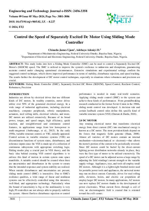 (PDF) Control the Speed of Separately Excited Dc Motor Using Sliding Mode Controller
