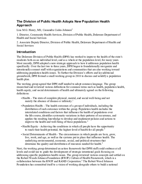 (PDF) The Division of Public Health Adopts New Population Health Approach
