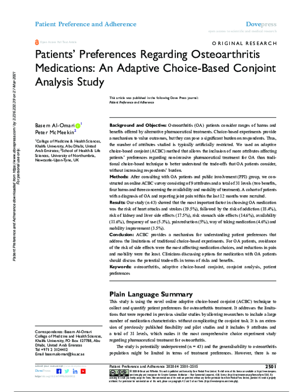 Pdf Patients Preferences Regarding Osteoarthritis Medications An Adaptive Choice Based