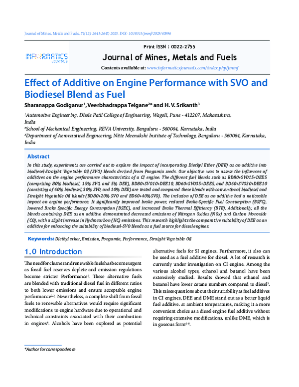 (PDF) Effect of Additive on Engine Performance with SVO and Biodiesel ...