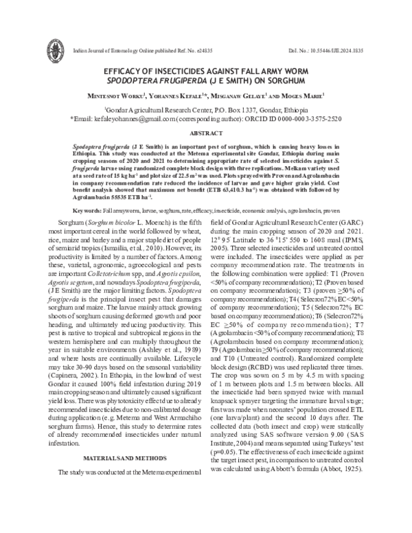 (PDF) Efficacy of Insecticides against Fall Army Worm Spodoptera ...