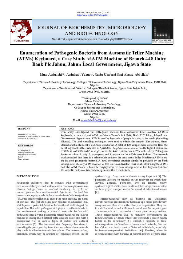 (PDF) Enumeration of Pathogenic Bacteria from Automatic Teller Machine (ATMs) Keyboard, a Case ...
