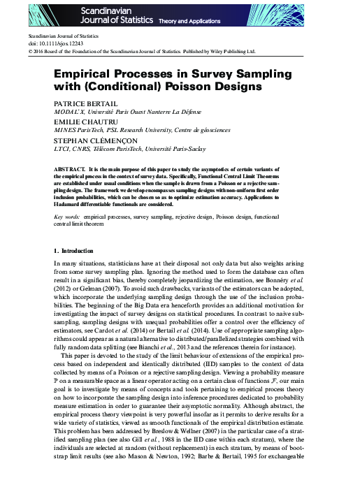 (PDF) Empirical Processes in Survey Sampling with (Conditional) Poisson Designs | Stéphan ...