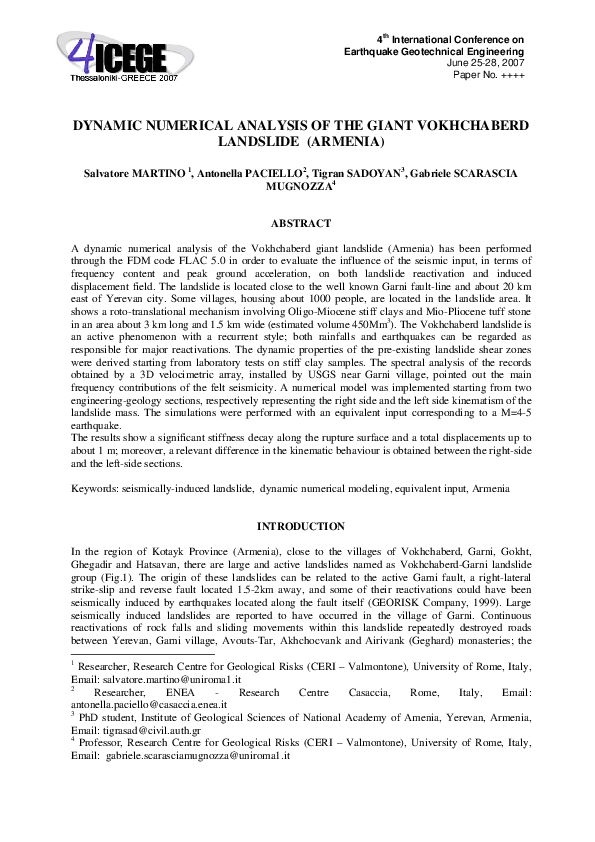 (PDF) Dynamic Numerical Analysis of the Giant Vokhchaberd Landslide (Armenia)