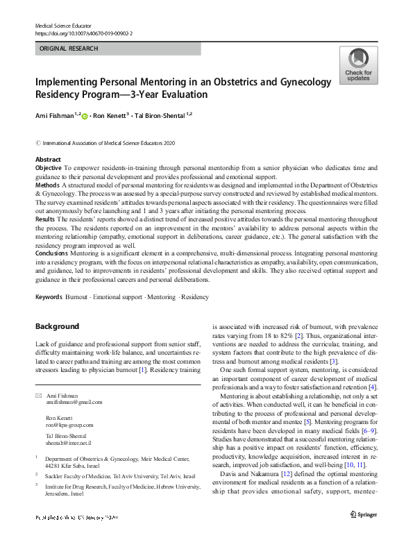 (PDF) Implementing Personal Mentoring in an Obstetrics and Gynecology Residency Program—3-Year ...