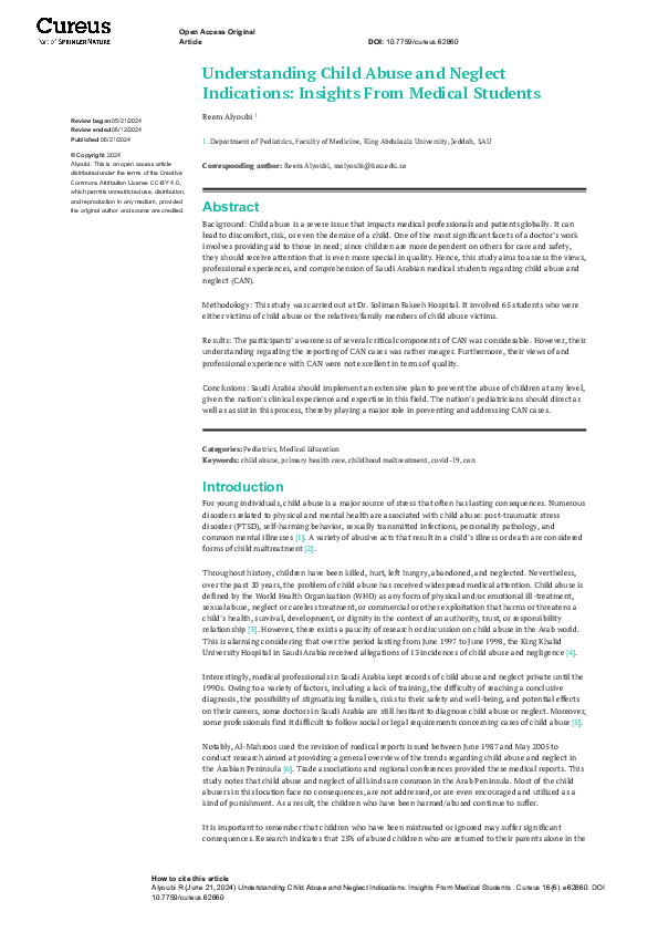 (PDF) Understanding Child Abuse and Neglect Indications: Insights From ...