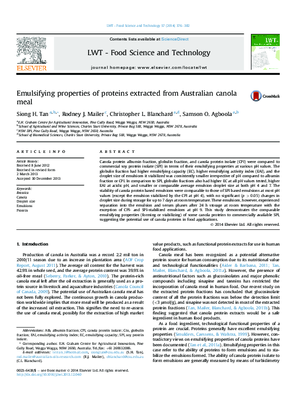 (PDF) Emulsifying properties of proteins extracted from Australian ...