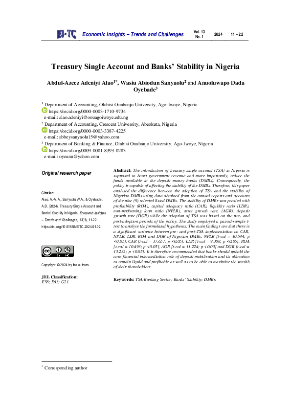 (PDF) Treasury Single Account and Banks’ Stability in Nigeria