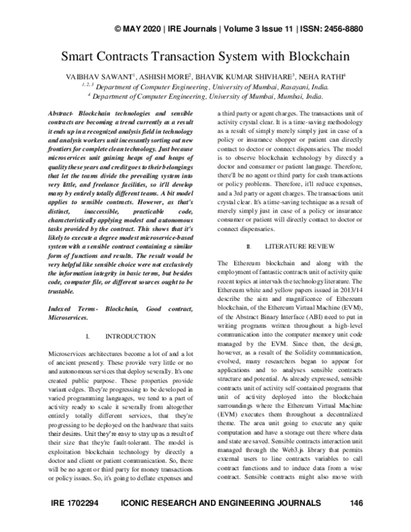 (PDF) Smart Contracts Transaction System With Block-chain - IRE Journals