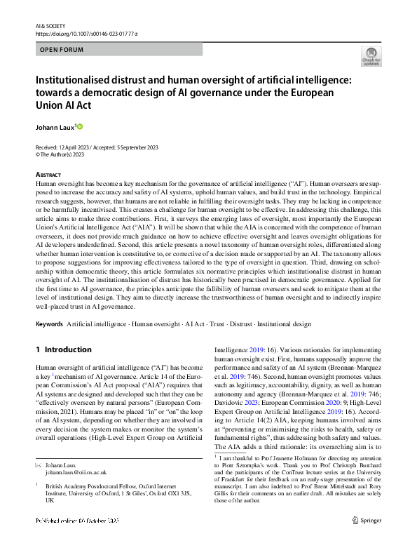 (PDF) Institutionalised distrust and human oversight of artificial ...