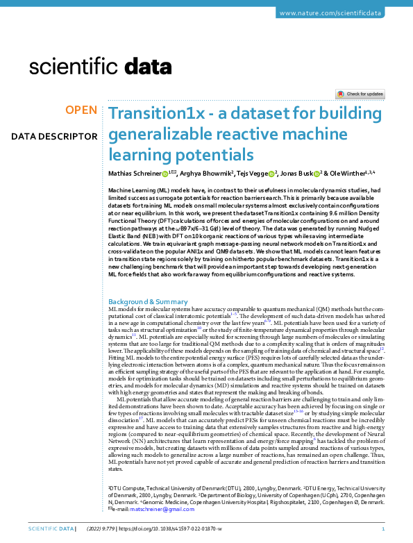 (PDF) Transition1x - a dataset for building generalizable reactive machine learning potentials